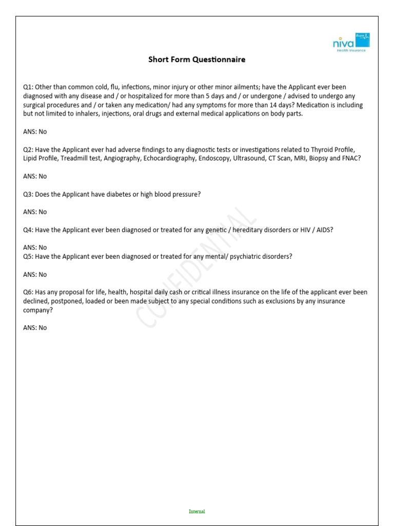 Short Form Questionnaire | PDF