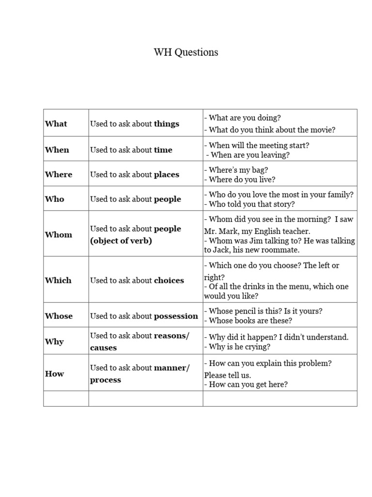 WH Questions: What When Where Who | PDF