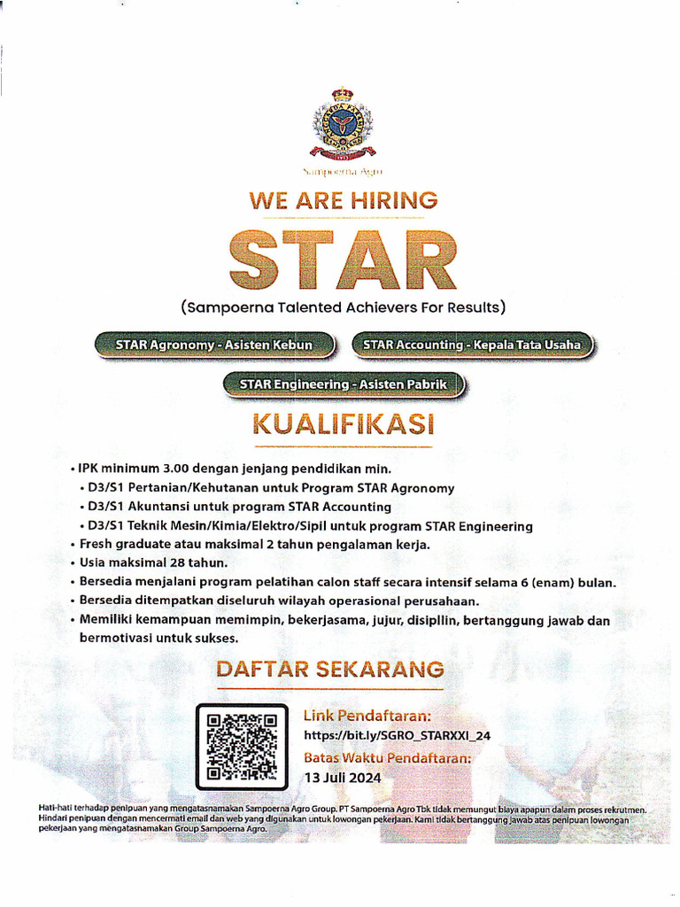 Lowongan Kerja Program Star PT - Sampoerna Agro | PDF