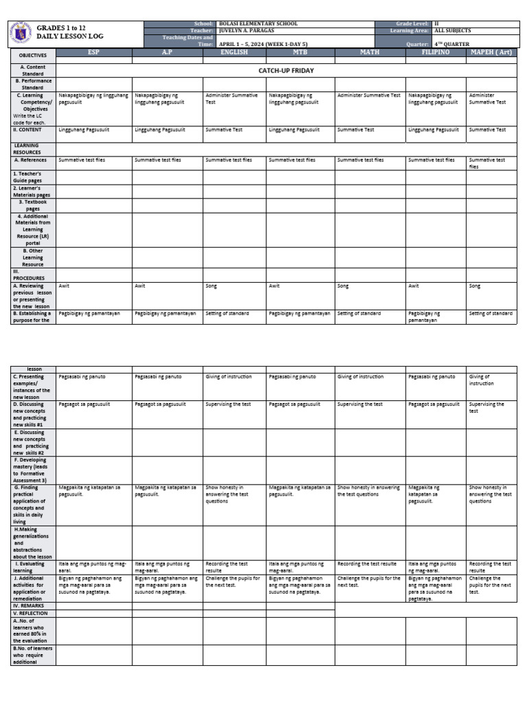 DLL - All Subjects 2 - Q4 - W1 - D5 | PDF | Human Communication | Pedagogy