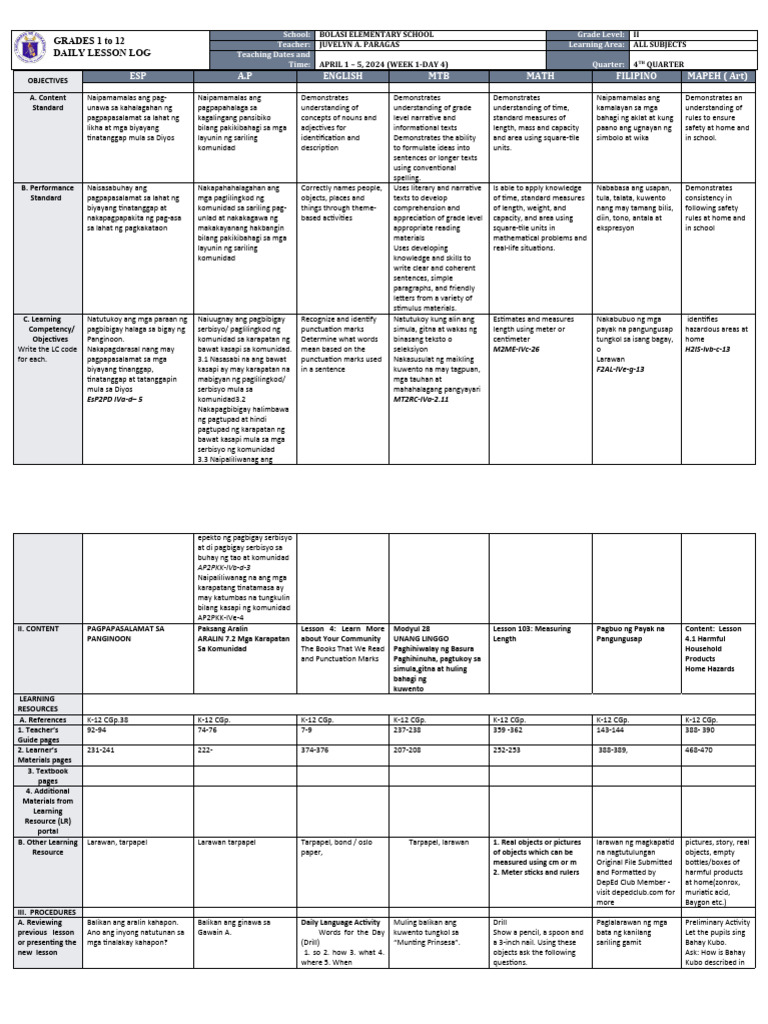 DLL - All Subjects 2 - Q4 - W1 - D4 | PDF