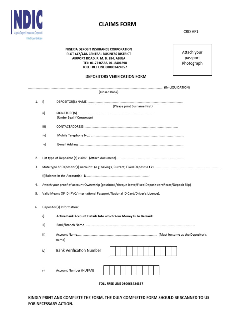 Claims Form CRD VF1 Ndic | PDF | Deposit Account | Banks