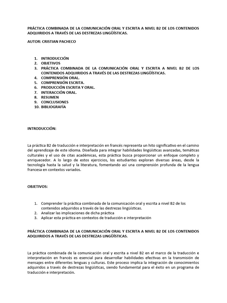 Práctica Combinada de La Comunicación Oral y Escrita A Nivel B2 de Los ...