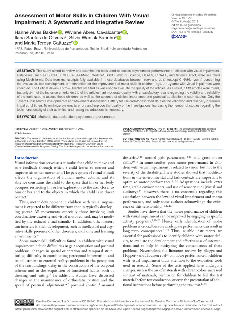 Motor Skills Assessment in Visually Impaired Children | PDF ...