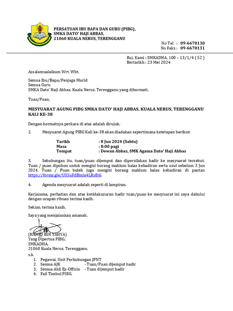 Notis Mesyuarat Agung PIBG SMKADHA Kali Ke-38 | PDF | Gaya Hidup