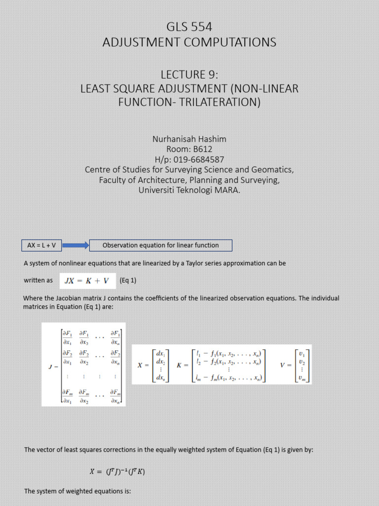 09 Lecture 9 Least Square Adjustment Non Linear Function Distance Observation Equation Pdf