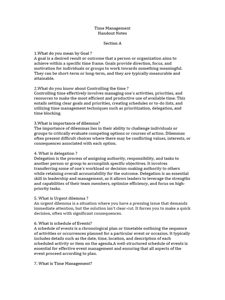 Time Management Notes | PDF | Goal | Professional Skills