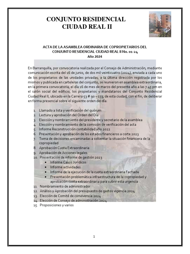 Acta de Asamblea Ciudad Real Ii 2024 | PDF | Condominio | Presupuesto