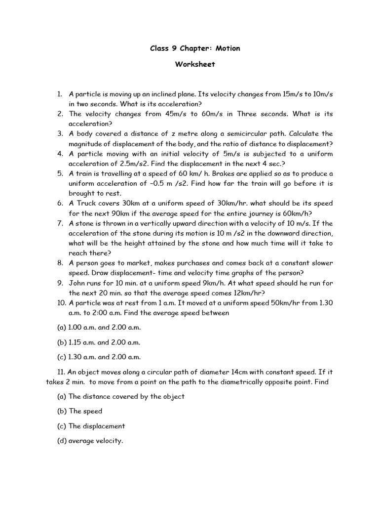 Class 9 Chapter Motion Worksheet | PDF | Acceleration | Speed