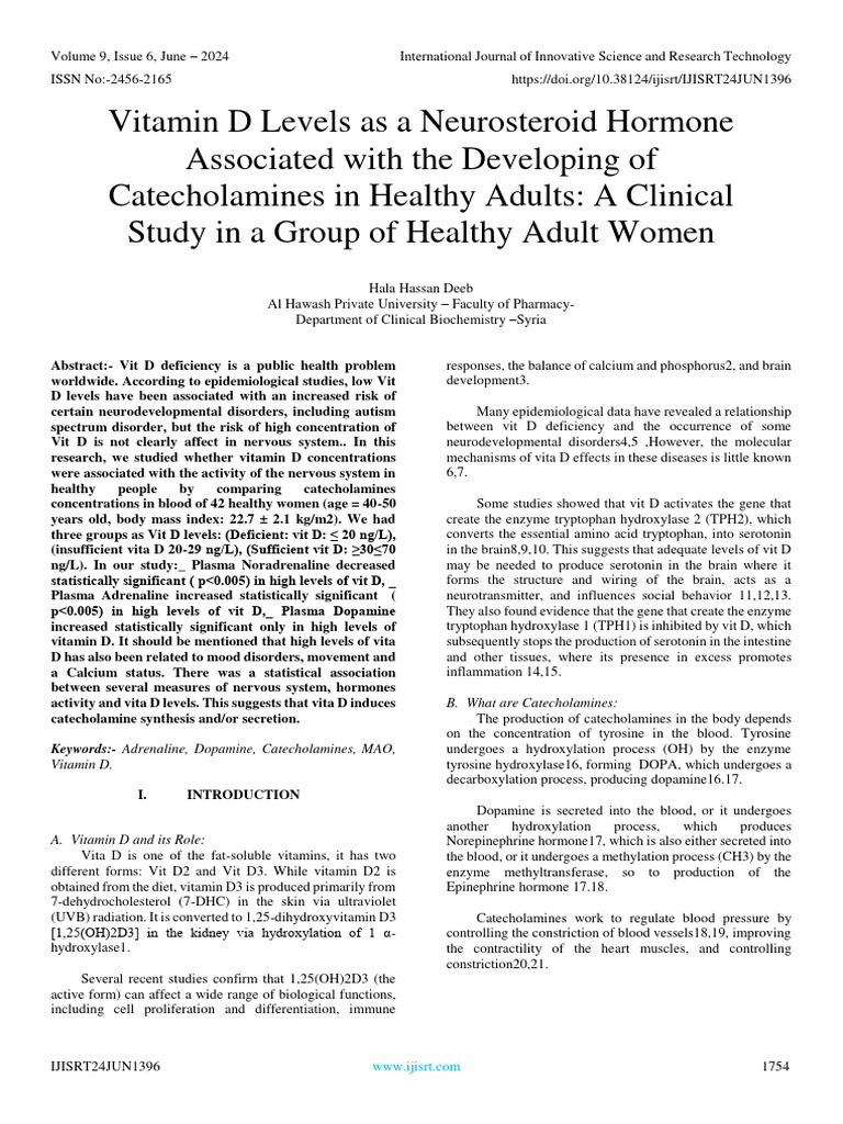 Vitamin D Levels As A Neurosteroid Hormone Associated With The Developing of Catecholamines in ...