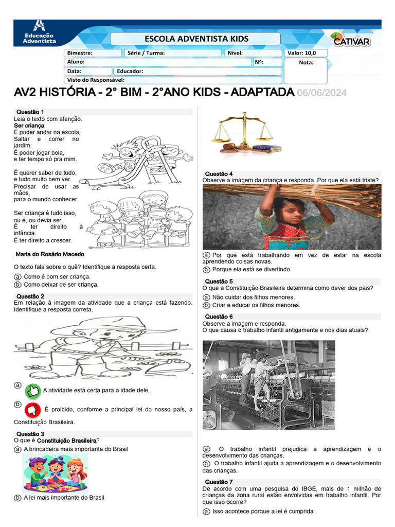 Av2 História - 2° Bim - 2°ano Kids - Adaptada | PDF | Trabalho infantil | Adolescência