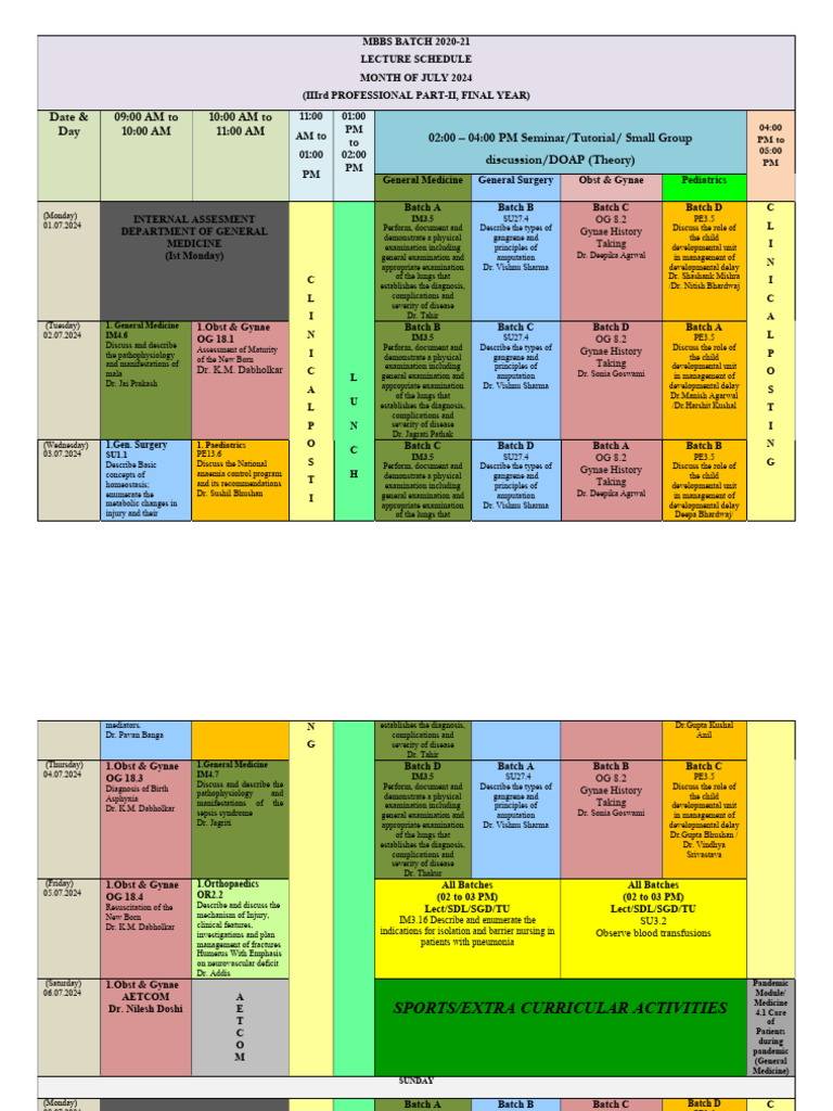 Lecture Schedule of July 2024 month - Batch 2020-21 | PDF | Surgical ...