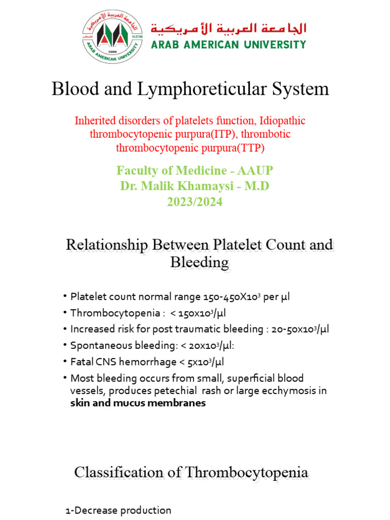 Inherited Disorders of Platelet Function, ITP and TTP | PDF | Platelet ...