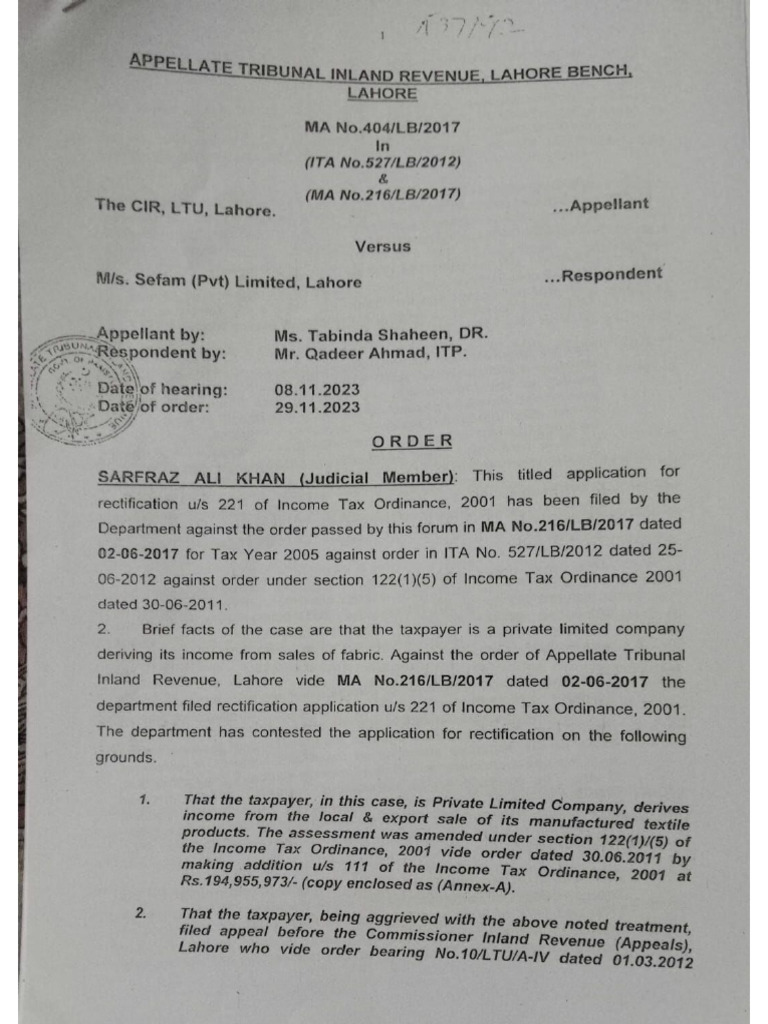 CIR VS SEFAM (PVT) LTD. - ITA No 527-LB of 2012 | PDF