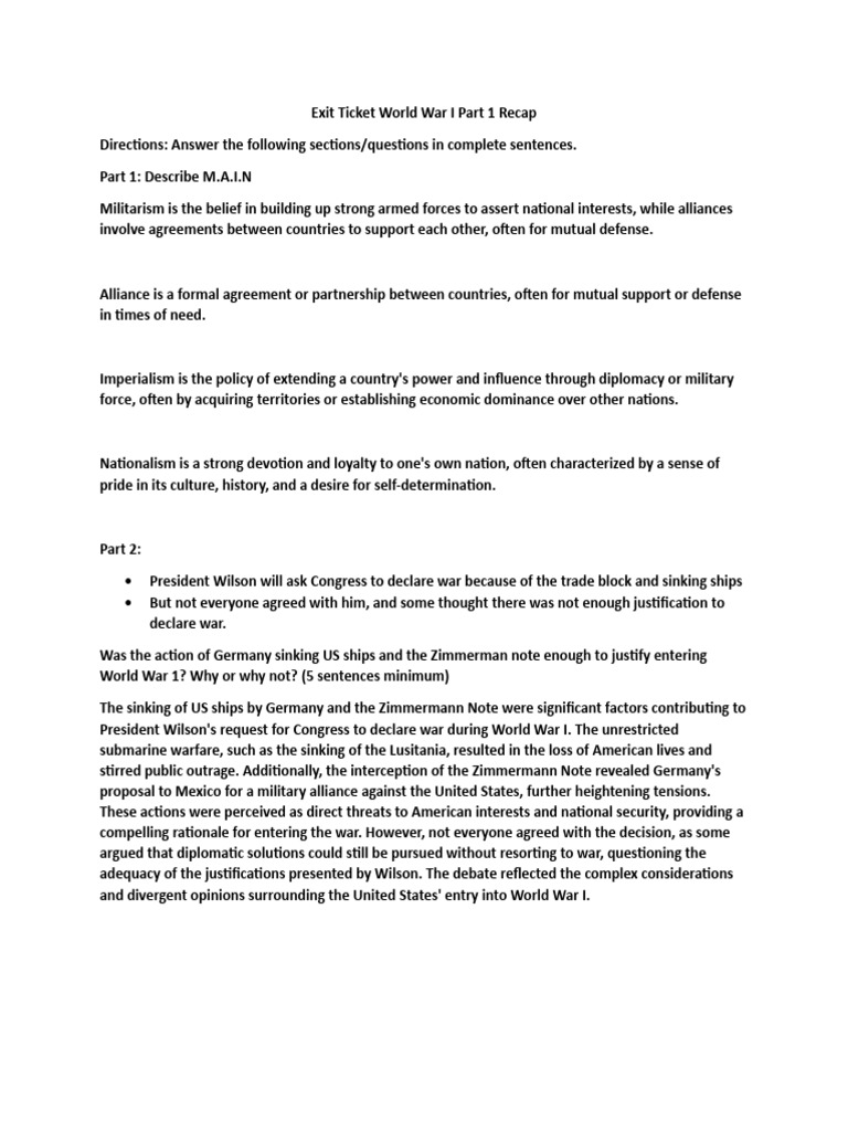 Exit Ticket World War I Part 1 Recap | PDF | World War I | Chemical Warfare