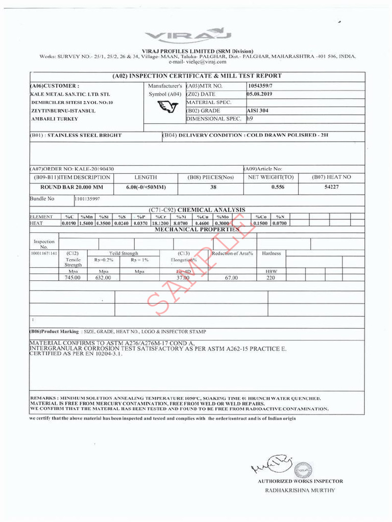 SS304 ROD Certificate | PDF