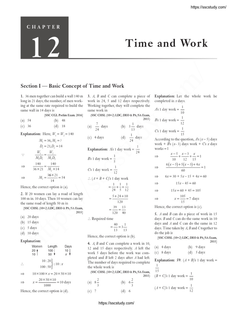 SSC Mathematics Previous Year Solved Paper Time and Work | PDF ...