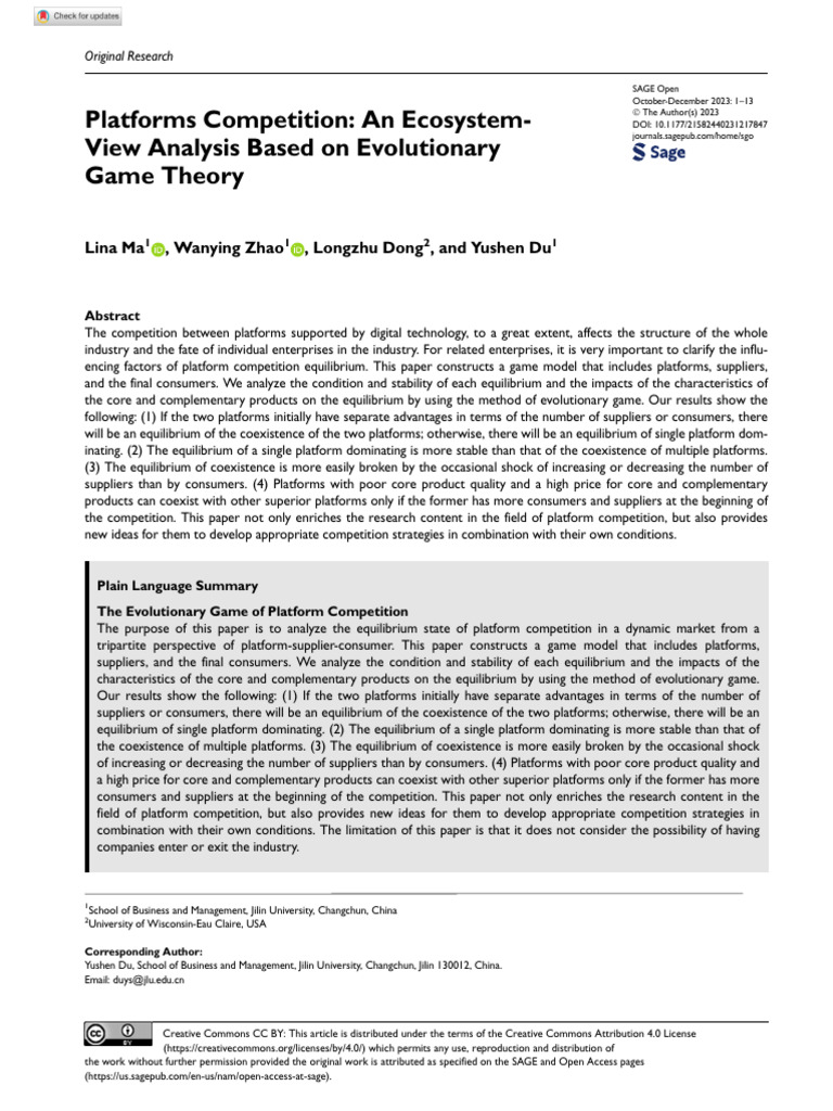 Platform Competition: An Evolutionary Game Analysis | PDF | Supply And ...