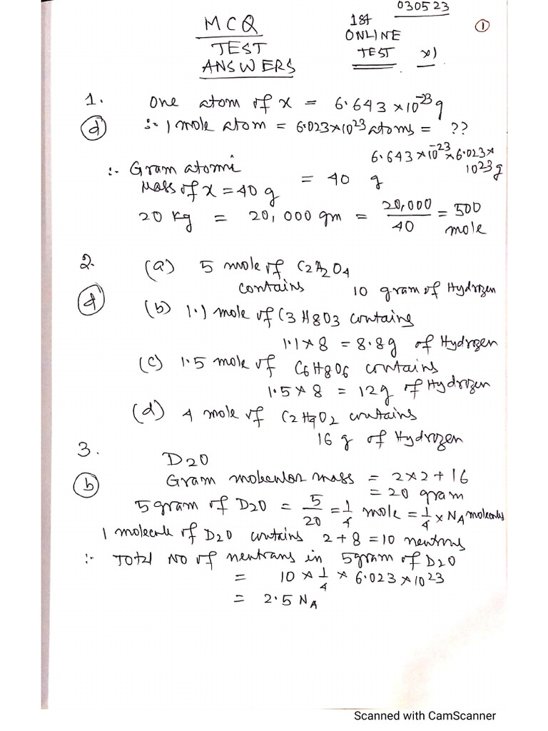 Answers 1st Online Test Mole Concept | PDF