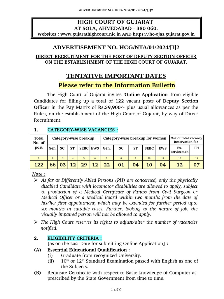 Gujarat High Court DSO Recruitment 2024 Notification | PDF