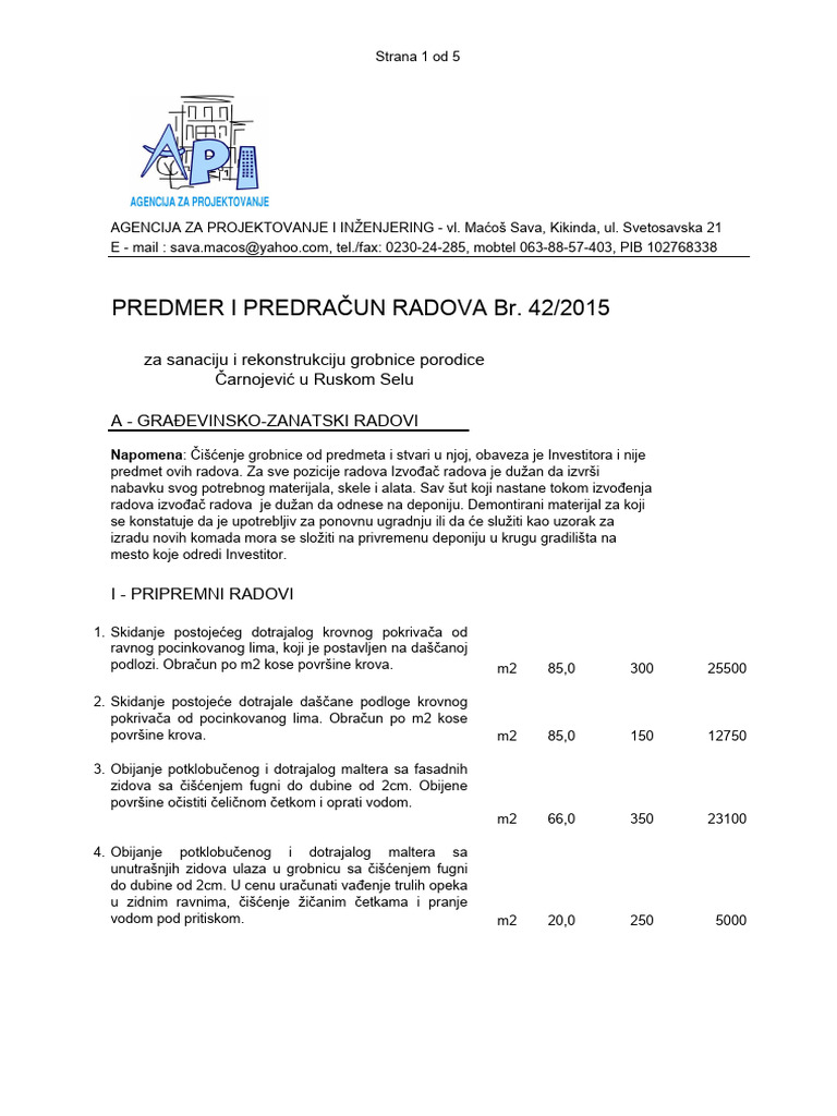 Rusko Selo Grobnica - Predmer I Predračun | PDF