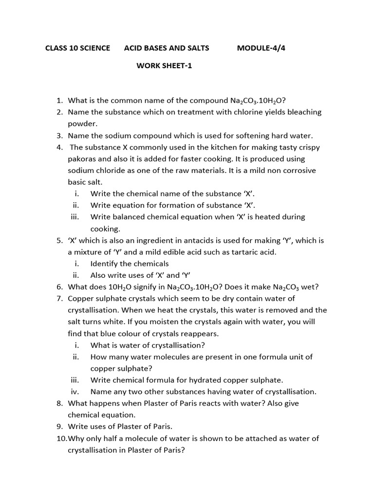 Class 10 Science: Acids & Bases Worksheet | PDF