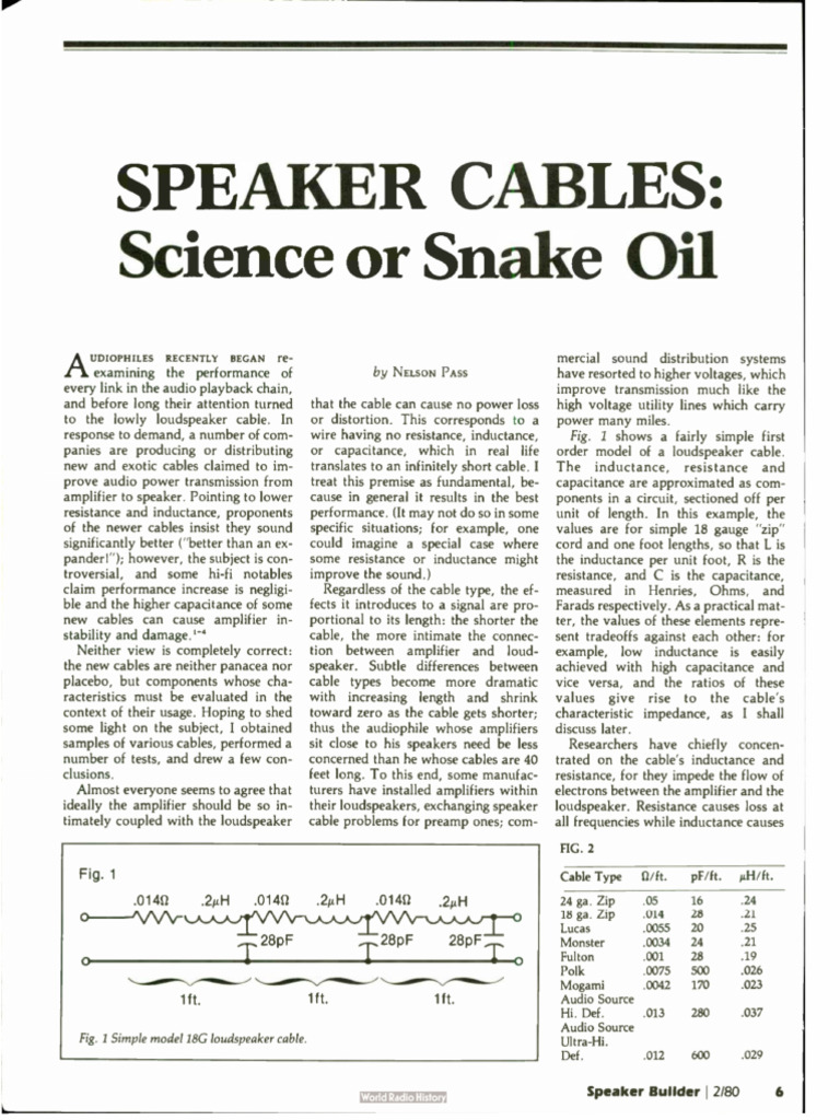Nelson Pass Speaker Cables Science or Snake Oil | PDF