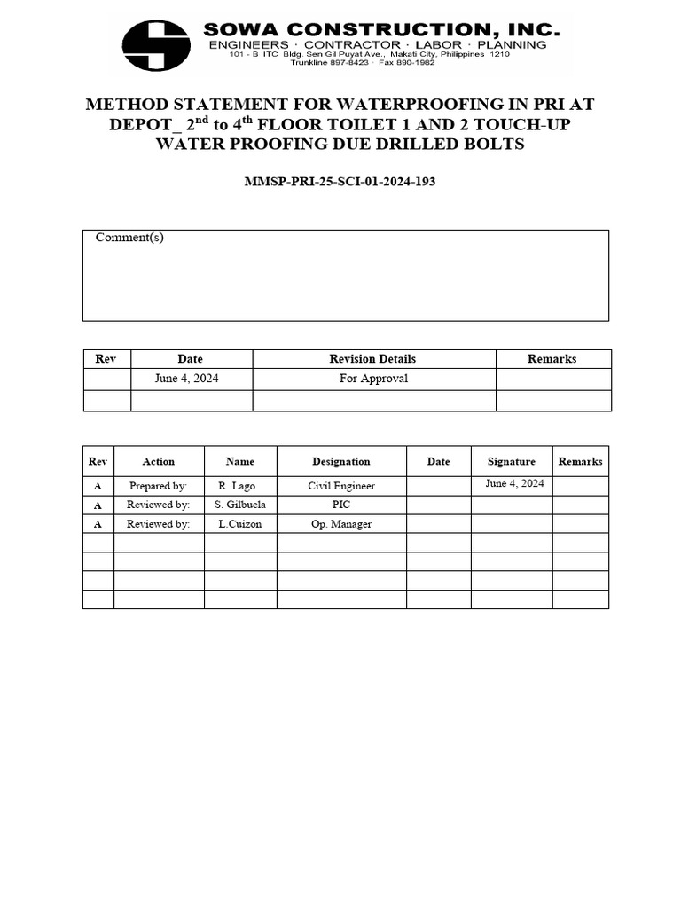 Method Statement For PRI - Repair Waterproofing Works Touch Up Due To Bolts | PDF | Concrete ...