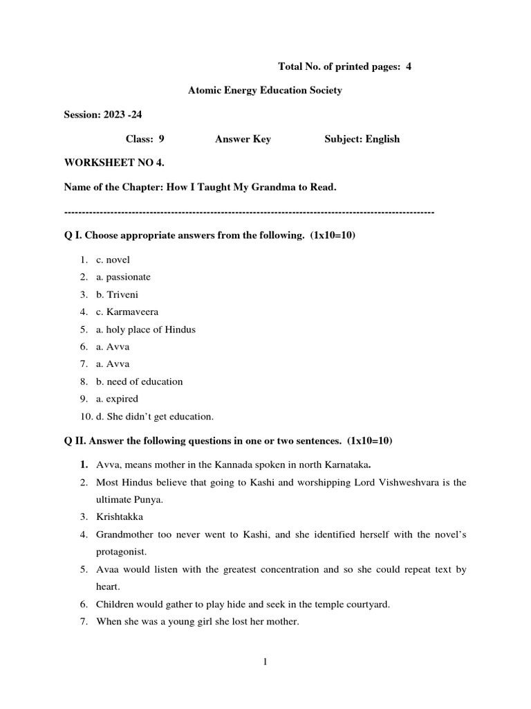 Ans Key - Class 9 English-Worksheet4 | PDF | Literacy