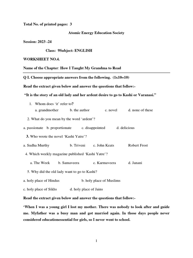 Class 9 English Worksheet - 4 | PDF | Religion & Spirituality