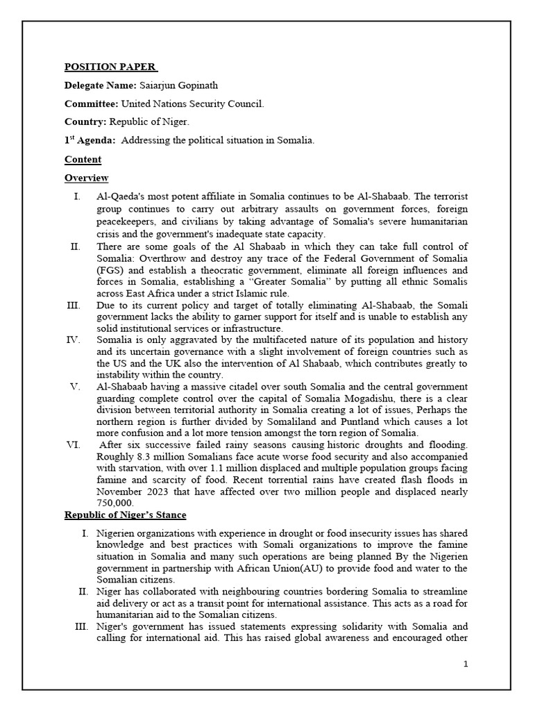 Position Paper Unsc | PDF | Somalia | Al Shabaab (Militant Group)