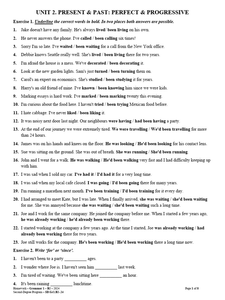 Unit 2 Present and past perfect and progressive Homework | PDF