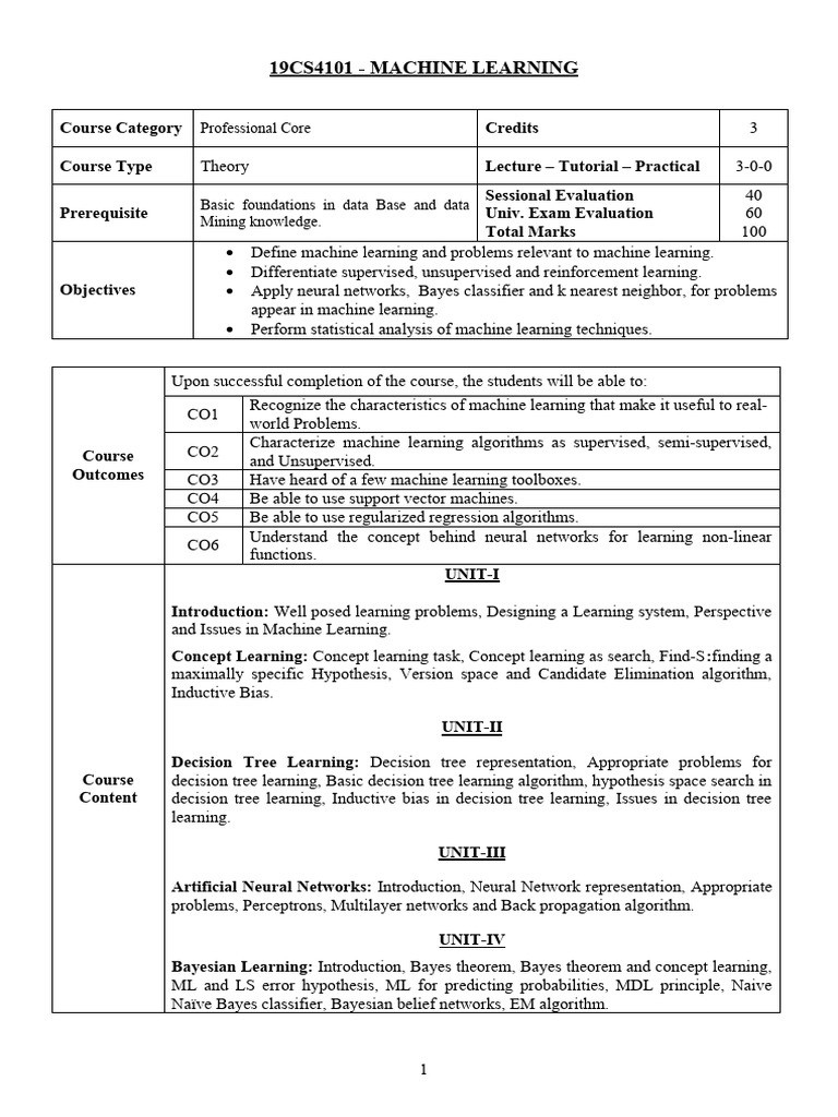 19CS4101 - Machine Learning | PDF | Machine Learning | Applied Mathematics