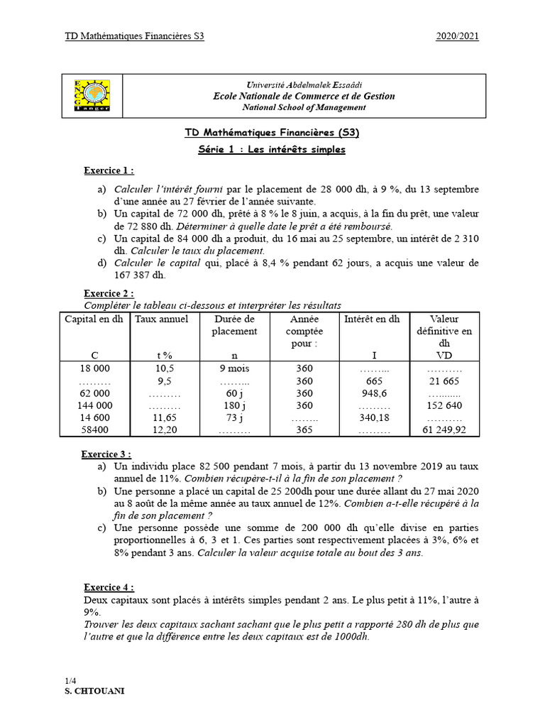 TD Mathématiques Financières S3: Intérêts Simples | PDF | Économie | Argent