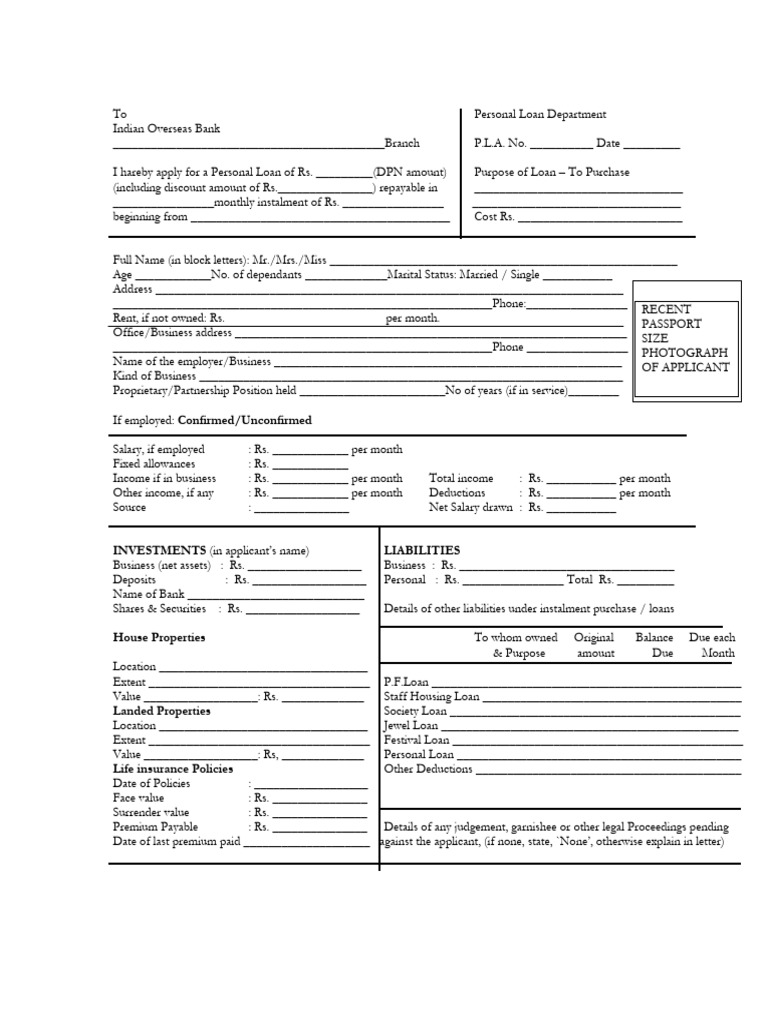 IOB Personal Loan Application Form | PDF | Loans | Unsecured Debt