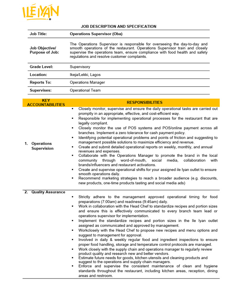 Job Description & Specification - Operations Supervisor | PDF | Food ...