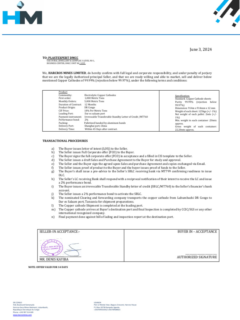 Fco - Copper Cathode Sheets - 61k 2024 | PDF | Letter Of Credit