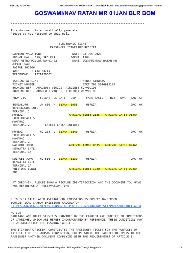 GOSWAMI - NAV RATAN MR 01JAN BLR BOM - Info - Sapientvacations@gmail - Com - Gmail | PDF | Aviation