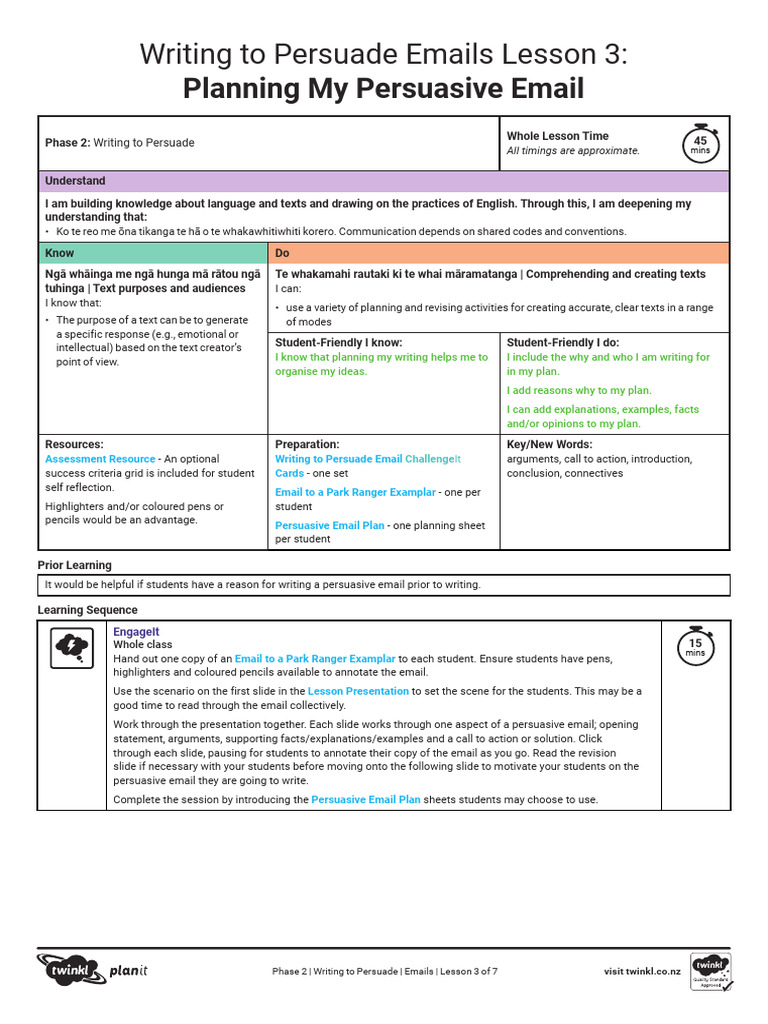 Lesson Plan Writing To Persuade Emails Lesson 3 | PDF | Persuasion | Reason