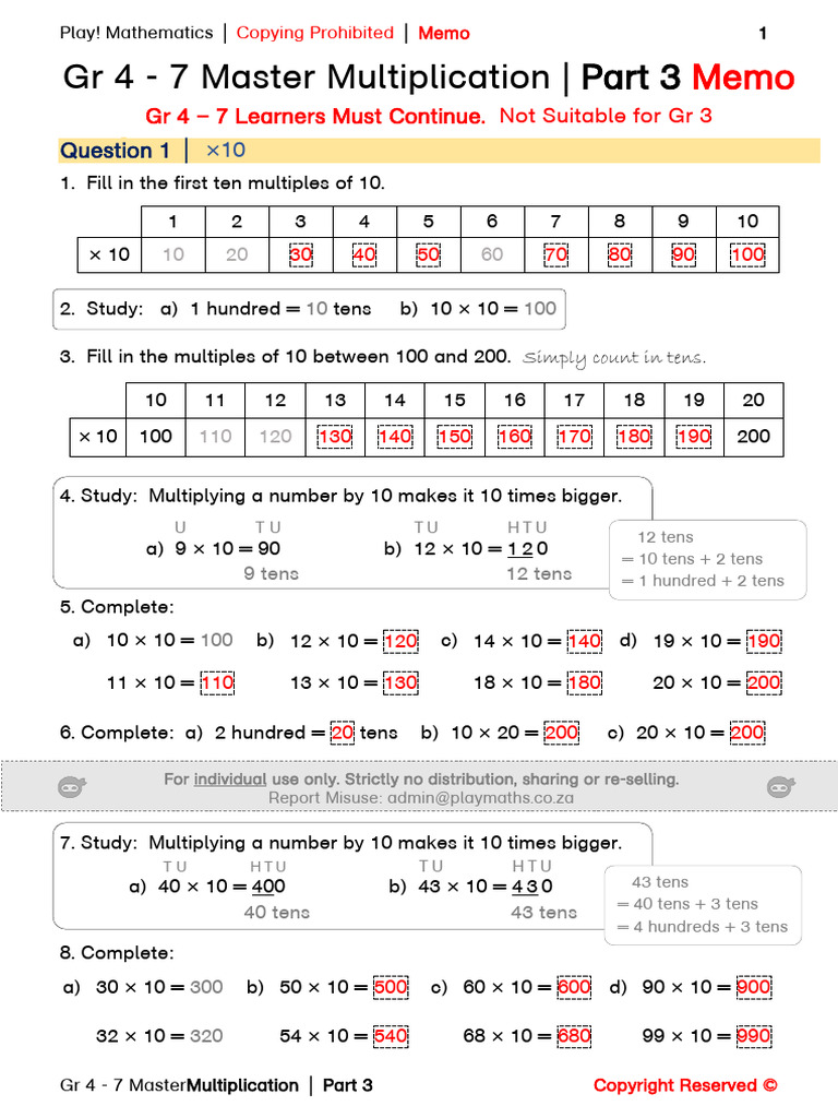 GR 4 - 7 Master Multiplication Part 3 MEMO | PDF | Multiplication ...