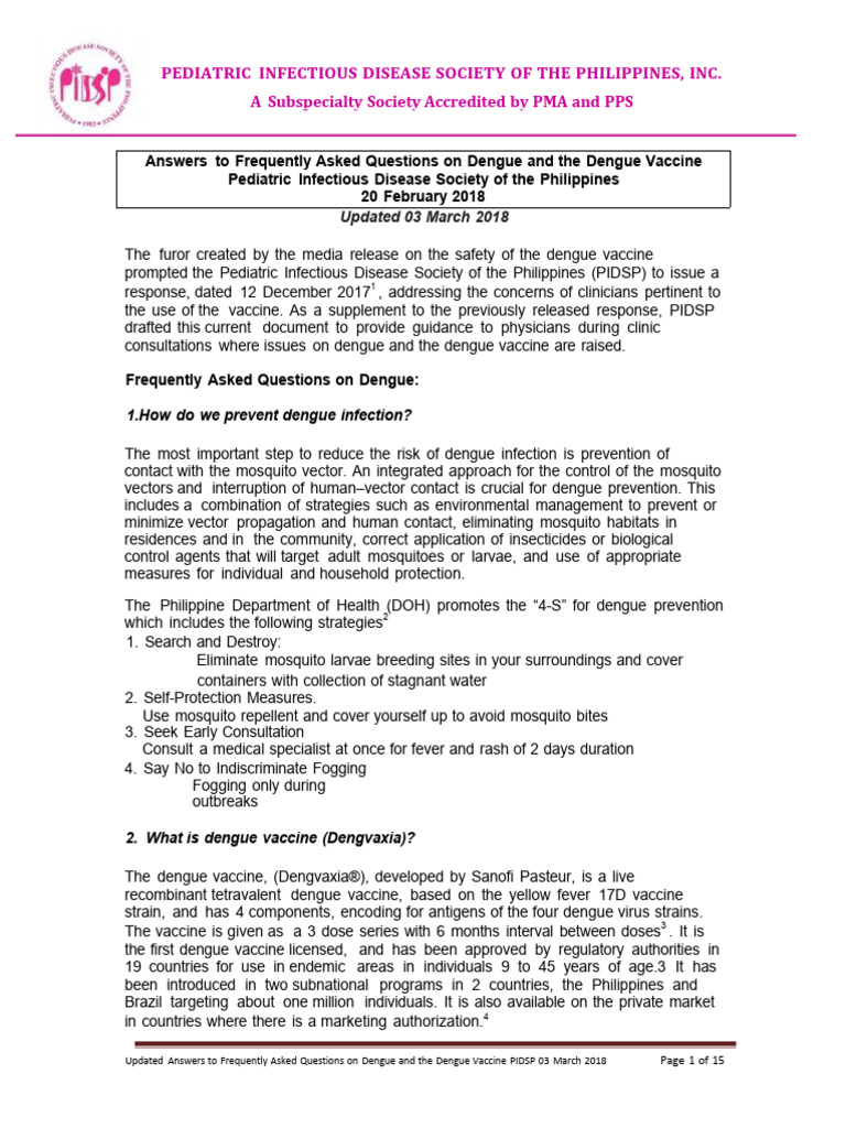 PIDSP-Dengue-FAQs-Updated-March-3-2018 | PDF | Vaccines | Infection