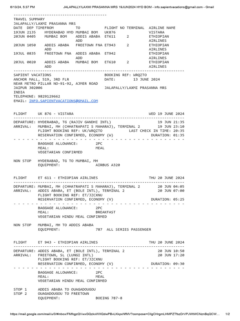 Jalapally - Laxmi Prasanna MRS 19jun2024 Hyd Bom - Fna - Bom | PDF | Transport | Aviation