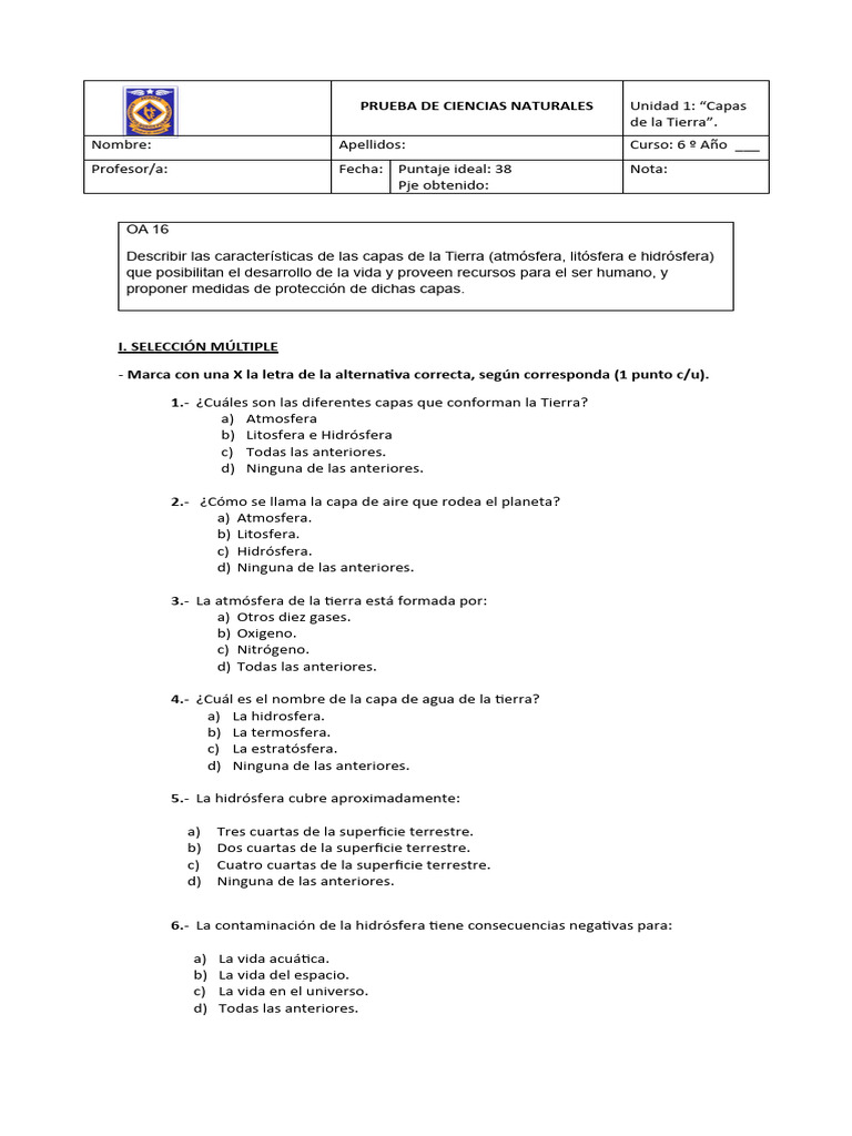 PRUEBA - CAPAS - DE - LA - TIERRA - 6TO UNIDAD 1 Final | PDF | Tierra ...