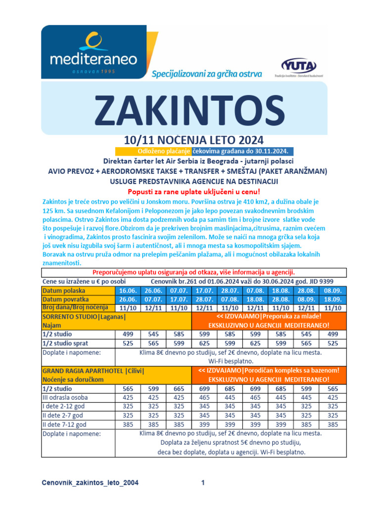 Cenovnik Zakintos Leto 2024 | PDF