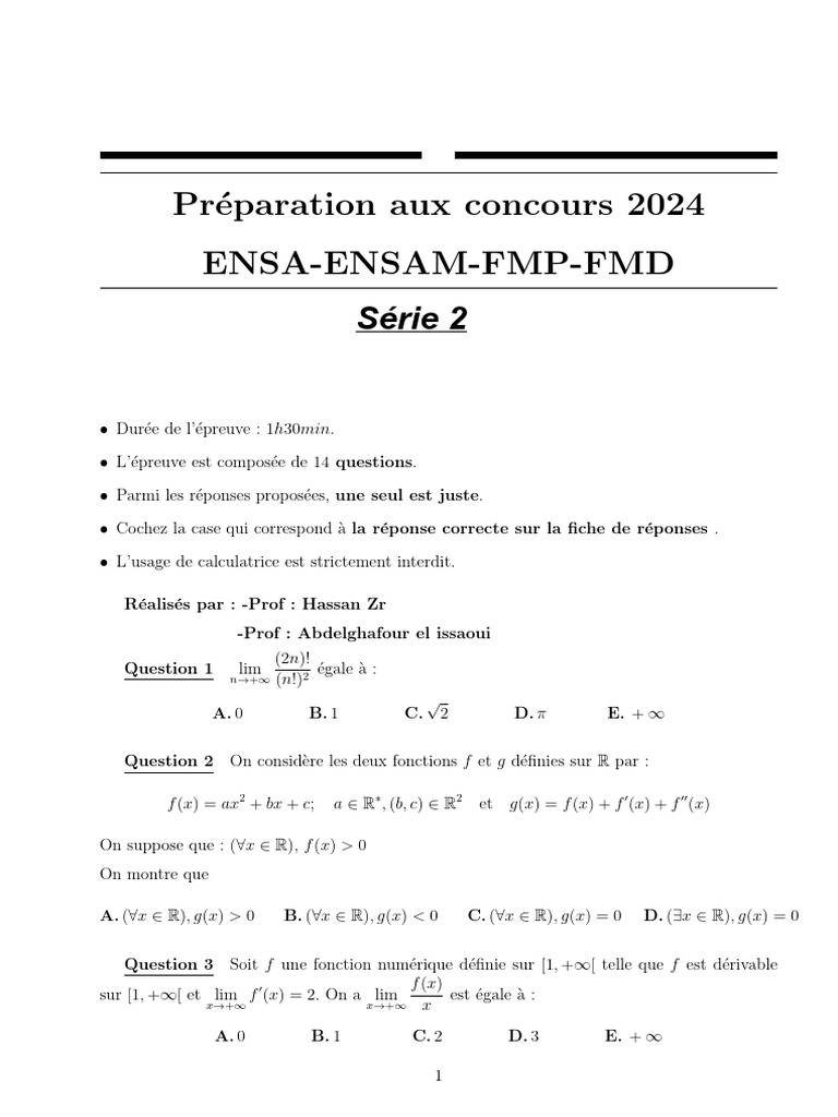 Concours 2024 : Questions de Mathématiques | PDF