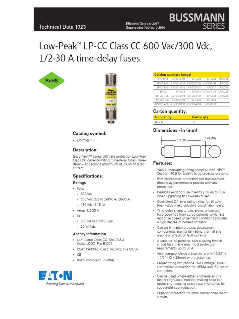 Fuse Bussman type LP-CC | PDF | Fuse (Electrical) | Electrical Engineering