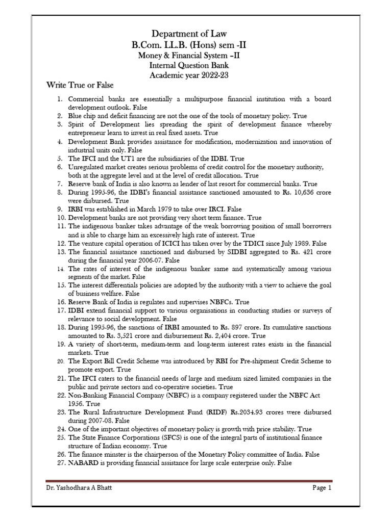 Internal Question Bank of MFS - II 2023-24 | PDF | Reserve Bank Of ...