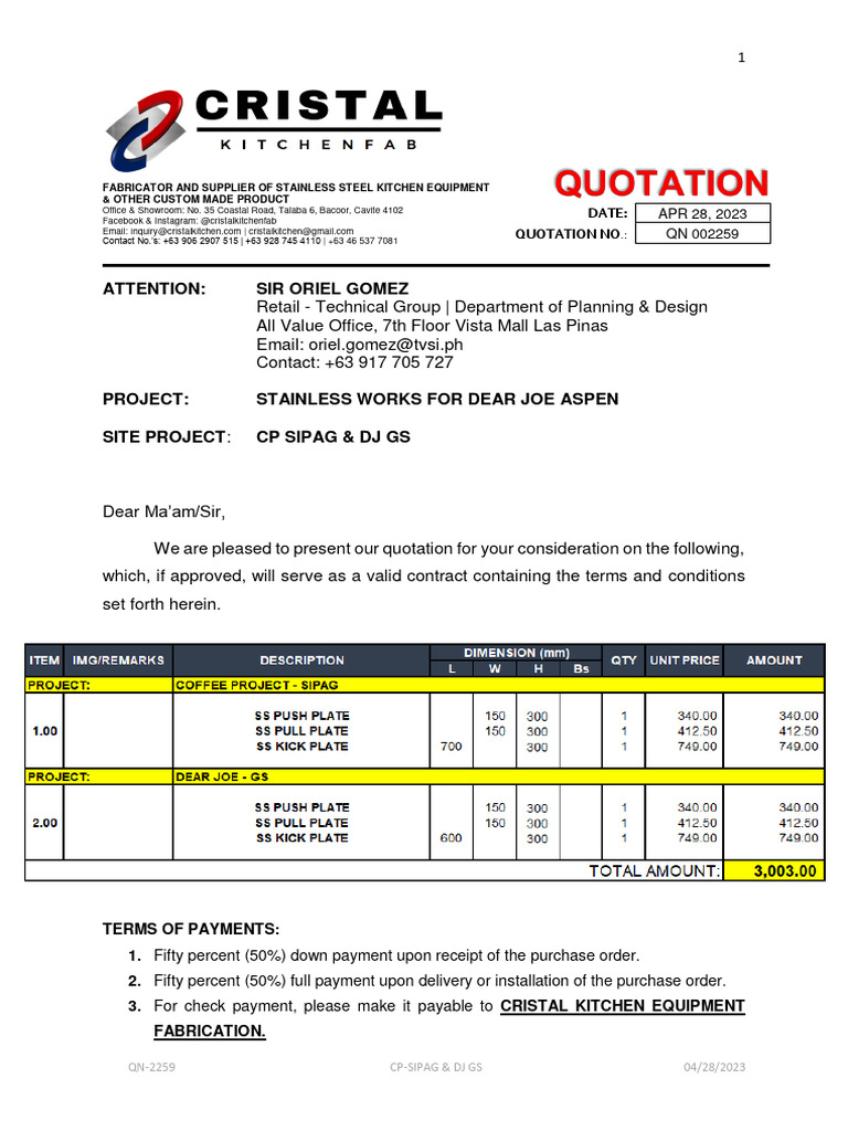 (QN2259) Quotation - For SS Push, Pull and Kick Plate | PDF | Private ...
