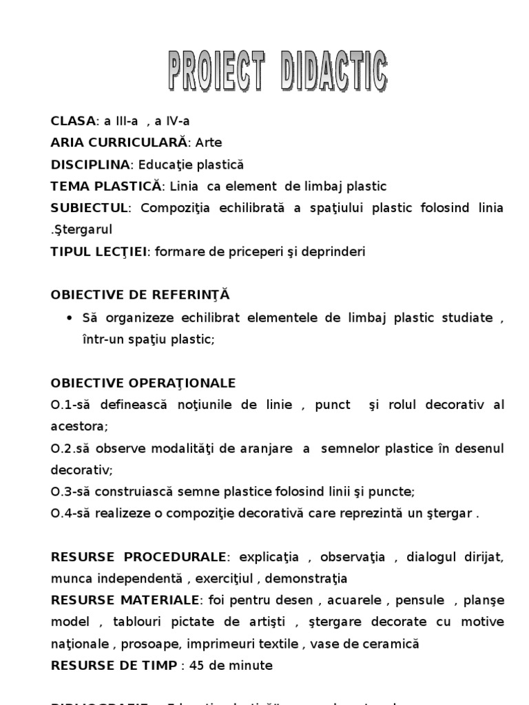 Plan de Lectie Educatie Plastica