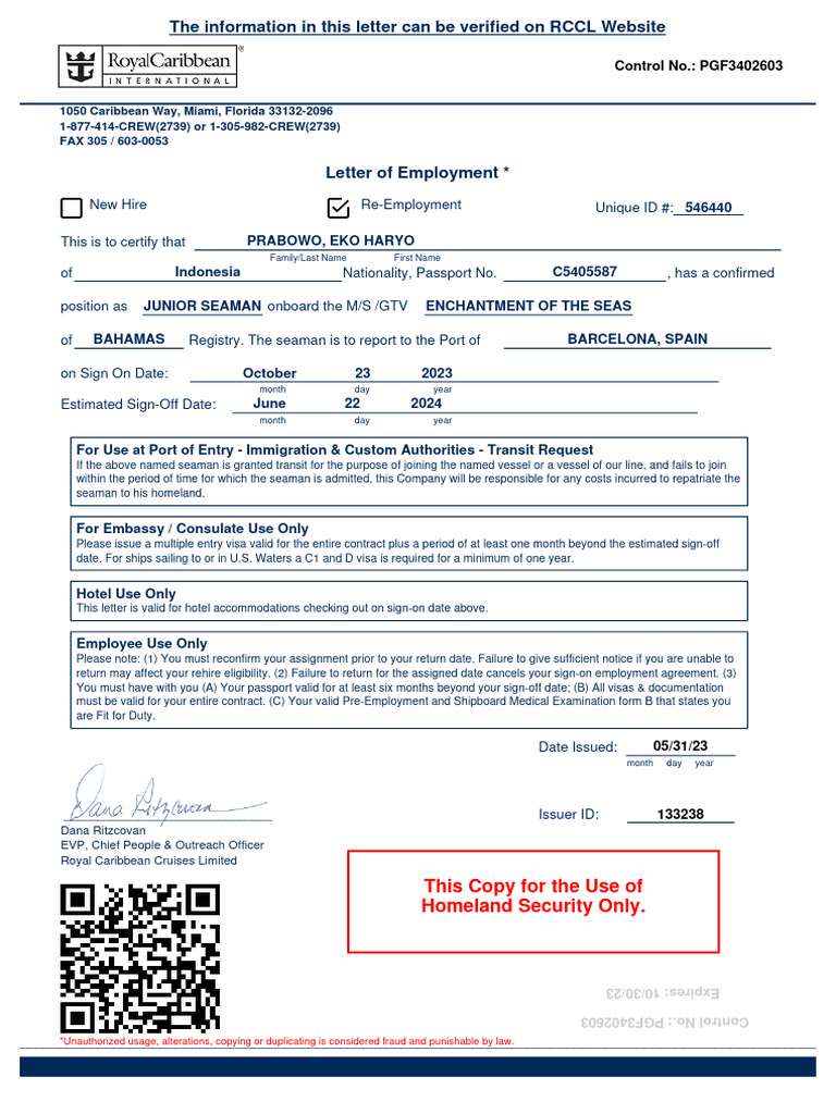Junior Seaman Employment Letter | PDF | Travel Visa | Passport